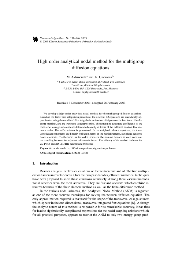(PDF) High-Order Analytical Nodal Method for the Multigroup Diffusion Equations
