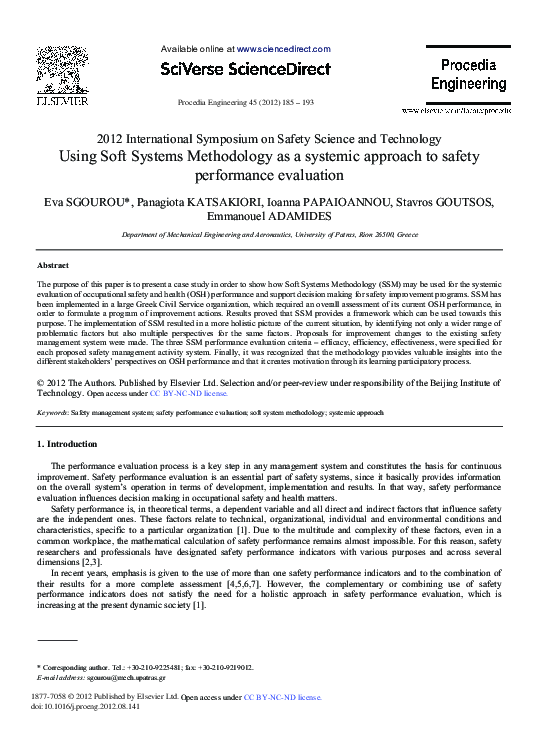(PDF) Using Soft Systems Methodology as a Systemic Approach to Safety Performance Evaluation