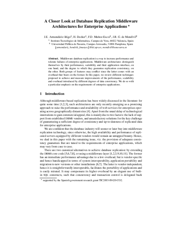 (PDF) A Closer Look at Database Replication Middleware Architectures for Enterprise Applications
