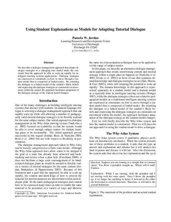 (PDF) Using student explanations as models for adapting tutorial dialogue