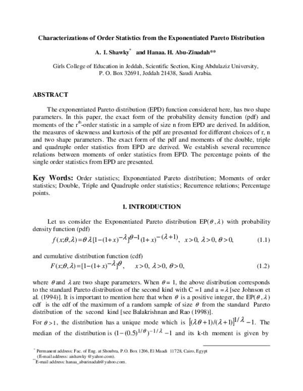 Pdf Characterizations Of Order Statistics From The Exponentiated Pareto Distribution
