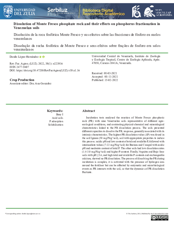 (PDF) Dissolution of Monte Fresco phosphate rock and their effects on ...