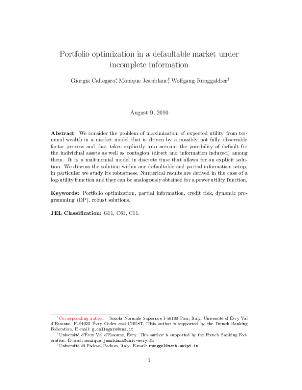 (PDF) Portfolio optimization in a defaultable market under incomplete information