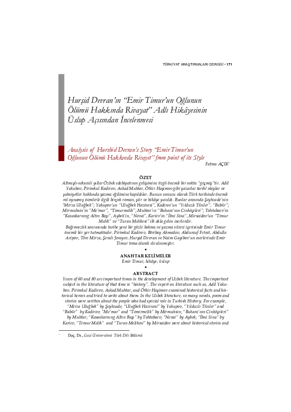 (PDF) Hurşid Devran'ın Emir Timur'un Oğlunun Ölümü Hakkında Rivayat Adlı Hikâyesinin Üslup ...