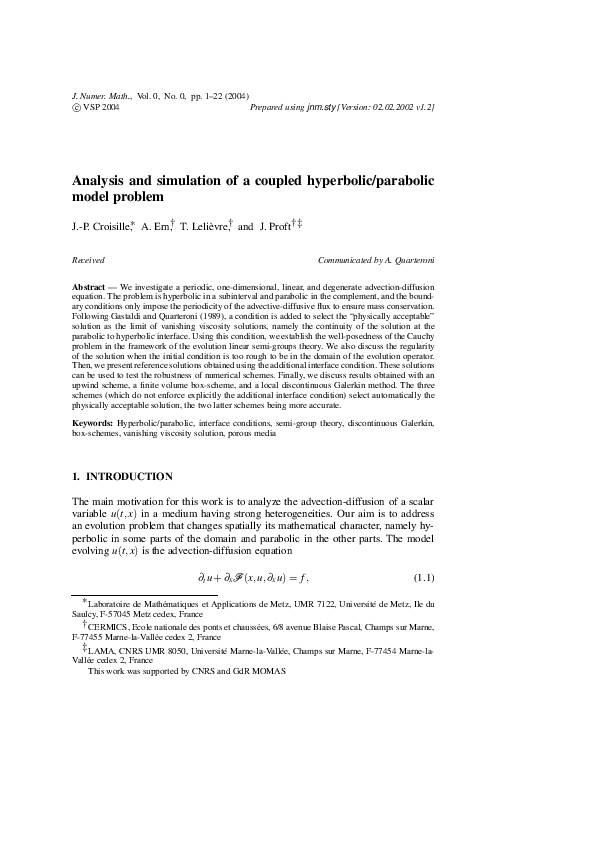 (PDF) Analysis and simulation of a coupled hyperbolic/parabolic model problem