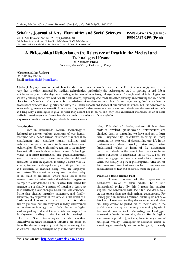 (PDF) A Philosophical Reflection on the Relevance of Death in the ...