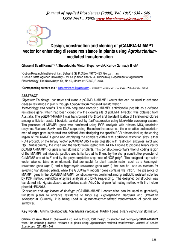 (PDF) Design, construction and cloning of pCAMBIA-MiAMP1 vector for ...