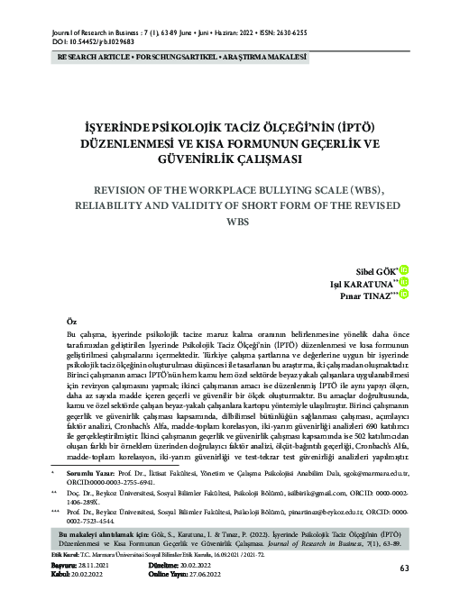 (PDF) Revision of the Workplace Bullying Scale (WBS), Reliability and ...