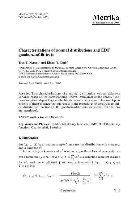 Pdf Characterizations Of Normal Distributions And Edf Goodness Of Fit Tests