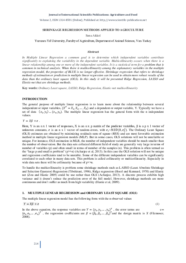 (PDF) Shrinkage Regression Methods Applied to Agriculture | Suna AKKOL - Academia.edu