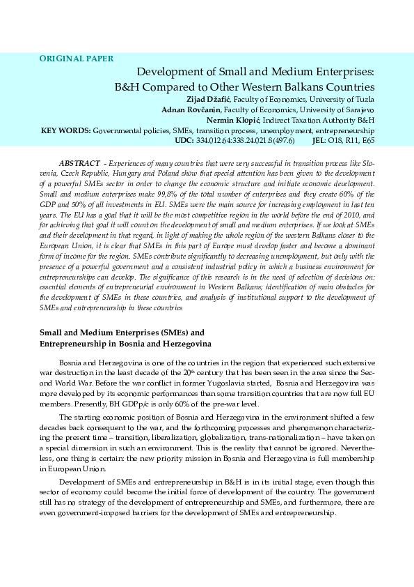(PDF) Development of Small and Medium Enterprises: B&H Compared to Other Western Balkans Countries