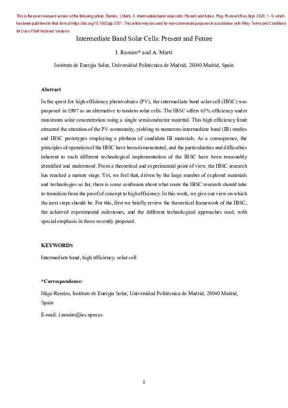 (PDF) Intermediate band solar cells: Present and future