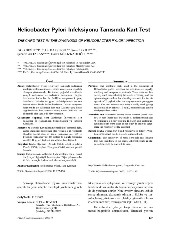 (PDF) Helicobacter pylori İnfeksiyonu tanısında kart test