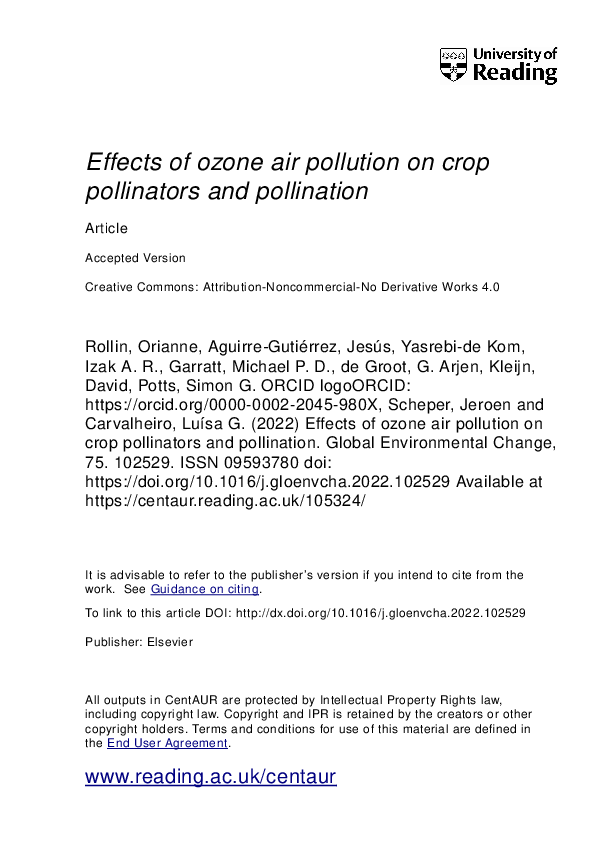 (PDF) Effects of ozone air pollution on crop pollinators and pollination
