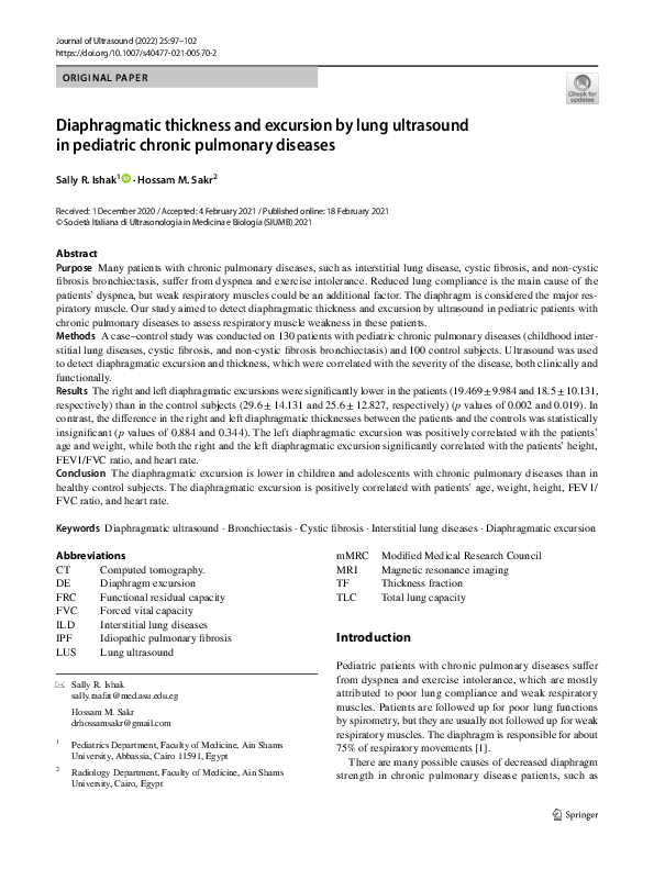 (PDF) Diaphragmatic thickness and excursion by lung ultrasound in pediatric chronic pulmonary ...