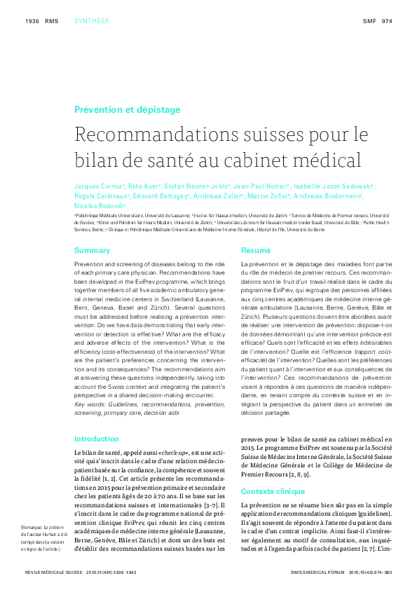 (PDF) Recommandations suisses pour le bilan de santé au cabinet médical ...