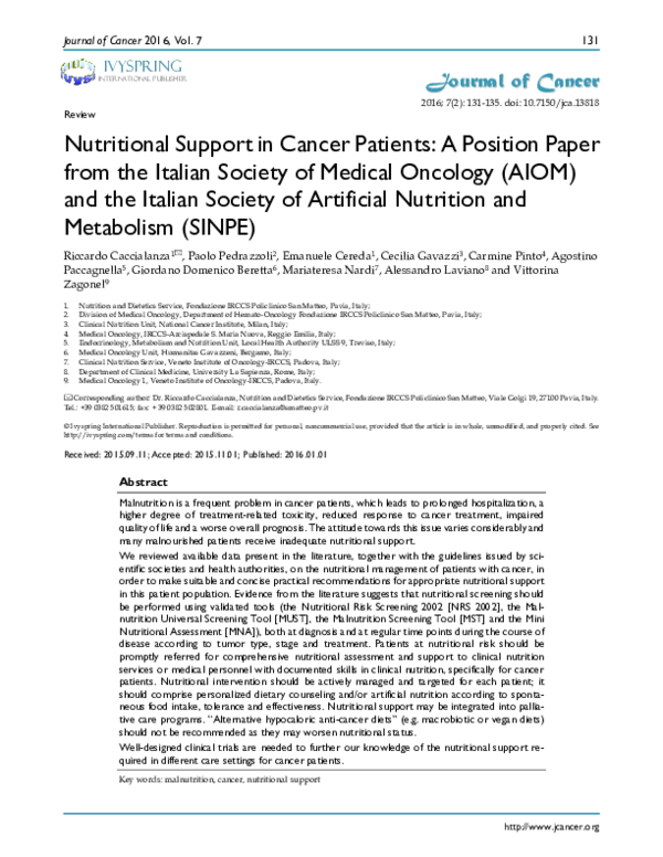 (PDF) Nutritional Support in Cancer Patients: A Position Paper from the ...