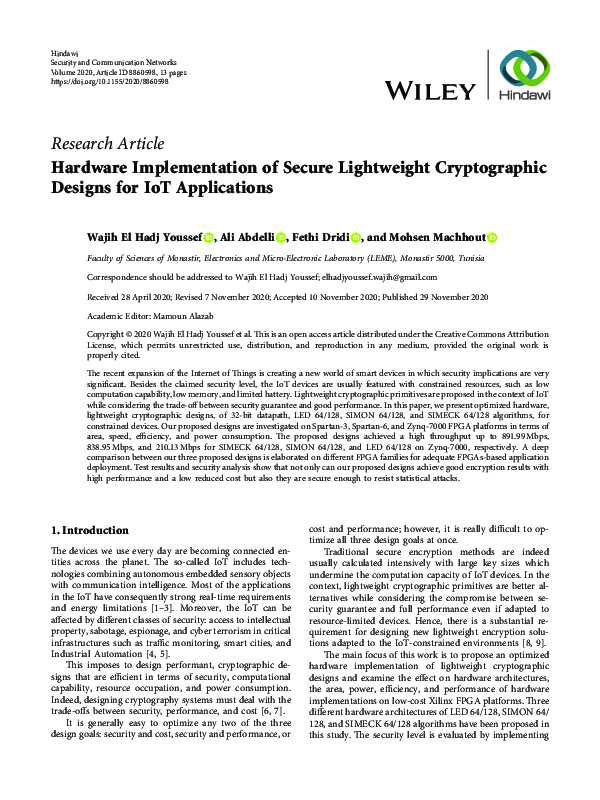 (PDF) Hardware Implementation of Secure Lightweight Cryptographic Designs for IoT Applications