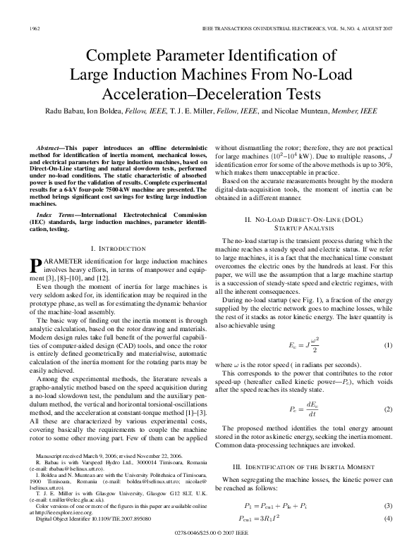 (PDF) Complete Parameter Identification of Large Induction Machines From No-Load Acceleration ...