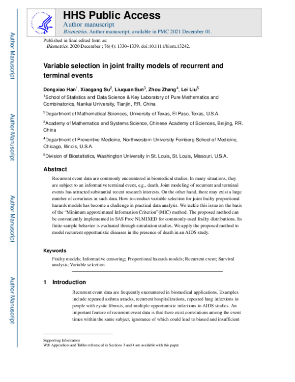 (PDF) Variable selection in joint frailty models of recurrent and terminal events