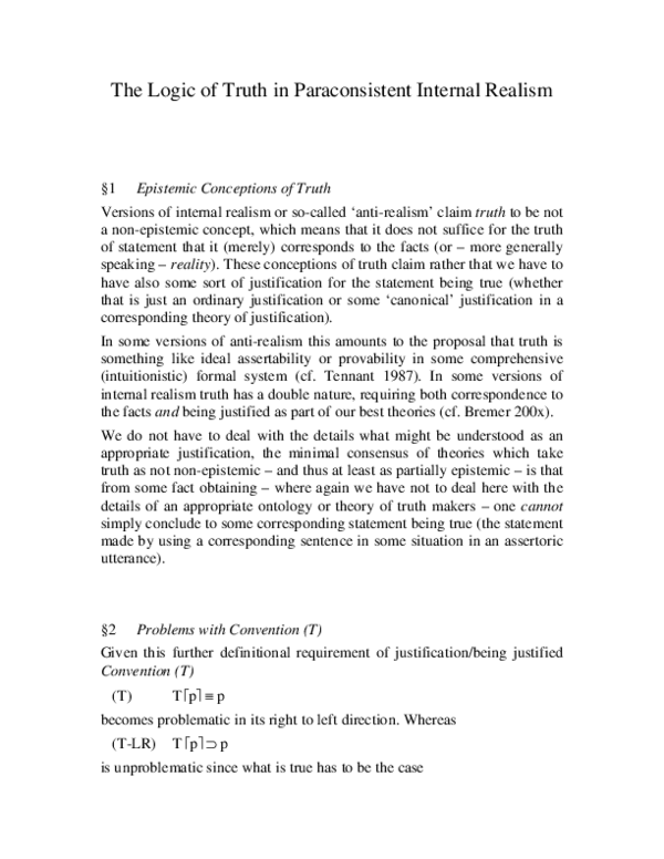 (PDF) The Logic of Truth in Paraconsistent Internal Realism