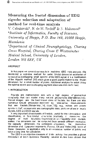 (PDF) Measuring The Fractal Dimension Of EEGSignals: Selection And Adaptation OfMethod For Real ...