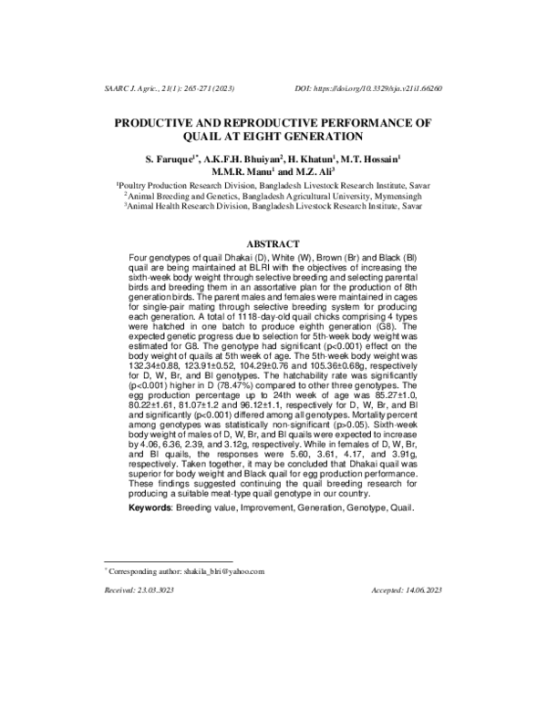 (PDF) PRODUCTIVE AND REPRODUCTIVE PERFORMANCE OF QUAIL AT EIGHT GENERATION