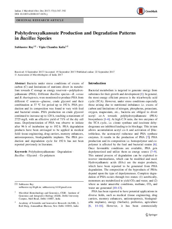 (PDF) Polyhydroxyalkanoate Production and Degradation Patterns in Bacillus Species