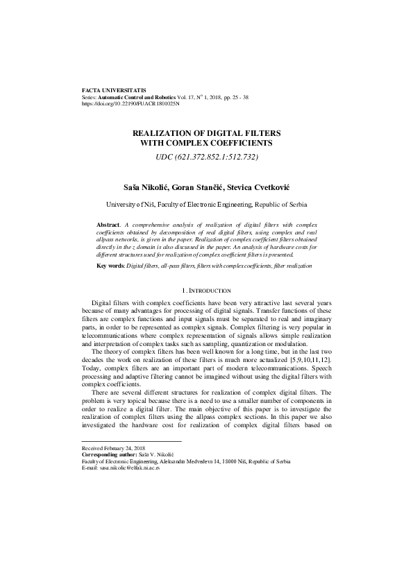 (PDF) Realization of Digital Filters with Complex Coefficients