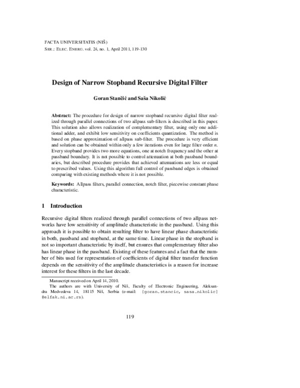 (PDF) Design of narrow stopband recursive digital filter