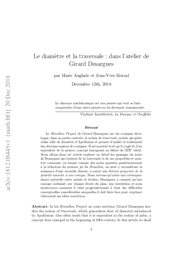 (PDF) The diameter and the Traversale : inside Girard Desargues' workshop