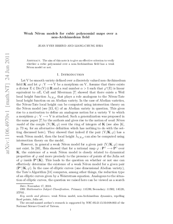 (PDF) Weak N\'{e}ron models for cubic polynomial maps over a non ...