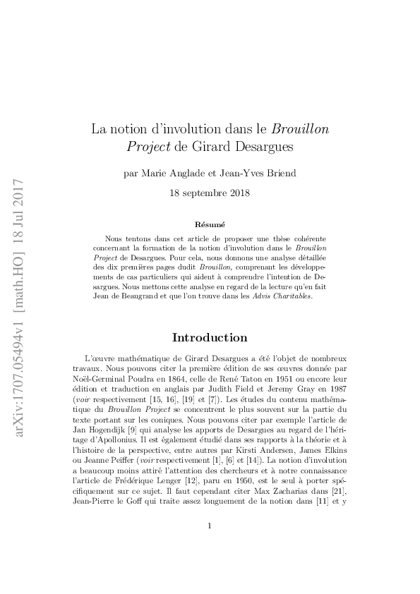 (PDF) La notion d’involution dans le Brouillon Project de Girard Desargues