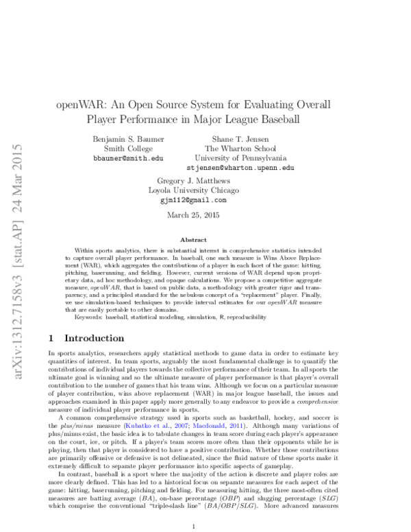 (PDF) openWAR: An open source system for evaluating overall player performance in major league ...