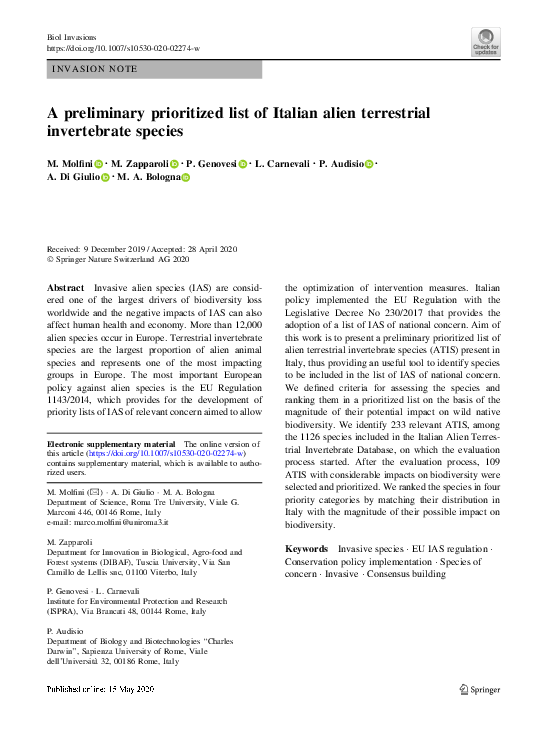 (PDF) A preliminary prioritized list of Italian alien terrestrial ...