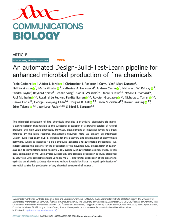 Pdf An Automated Design Build Test Learn Pipeline For Enhanced Microbial Production Of Fine