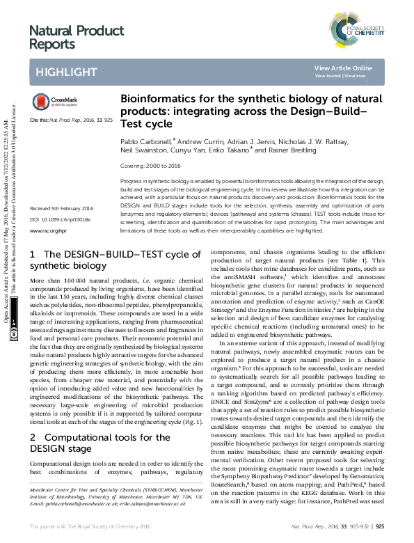 (PDF) Bioinformatics for the synthetic biology of natural products ...