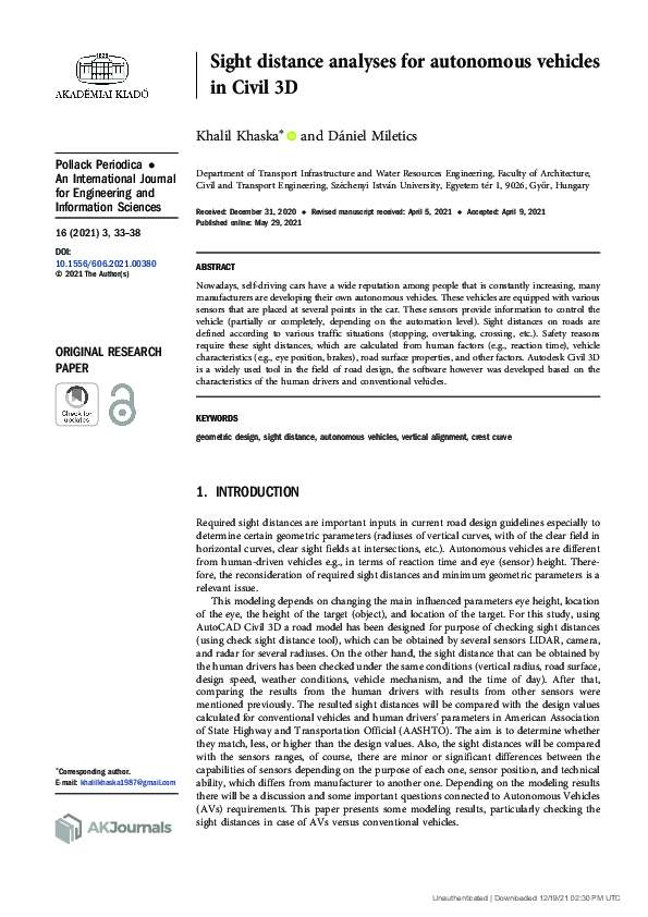 (PDF) Sight distance analyses for autonomous vehicles in Civil 3D