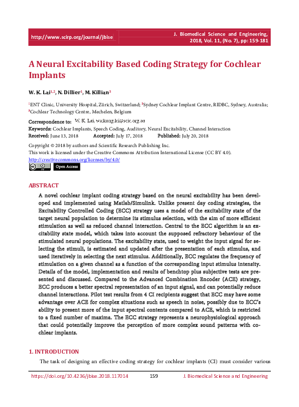 (PDF) A Neural Excitability Based Coding Strategy for Cochlear Implants