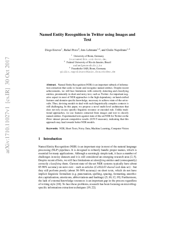 (PDF) Named Entity Recognition in Twitter using Images and Text