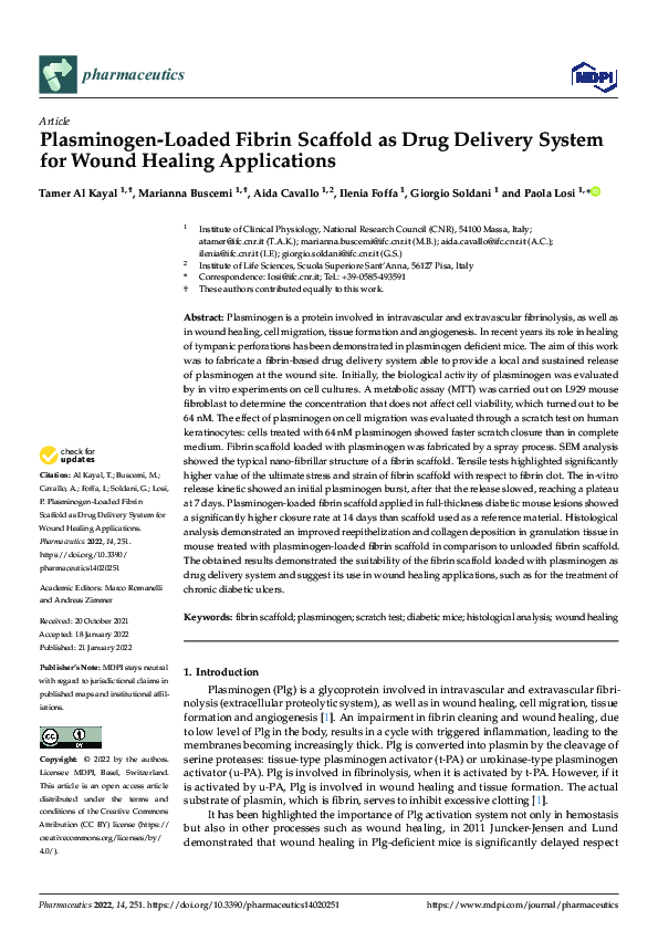 (PDF) Plasminogen-Loaded Fibrin Scaffold as Drug Delivery System for Wound Healing Applications ...