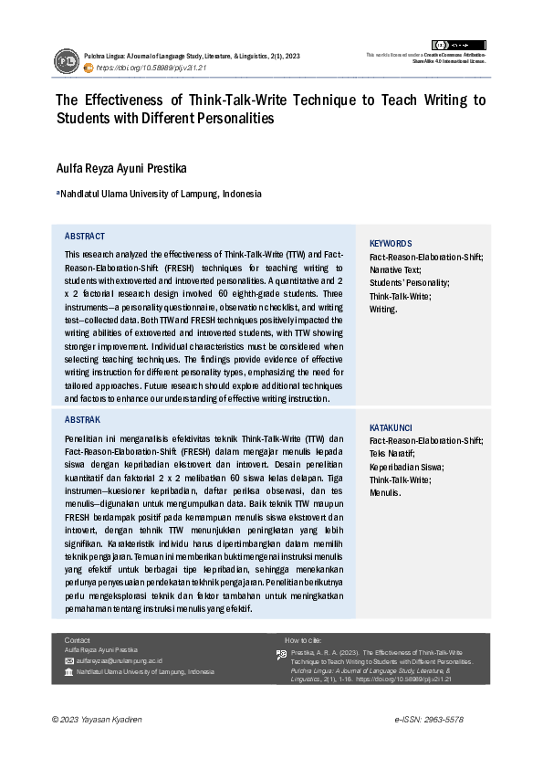 (PDF) Effectiveness of Think-Talk-Write Technique to Teach Writing to ...