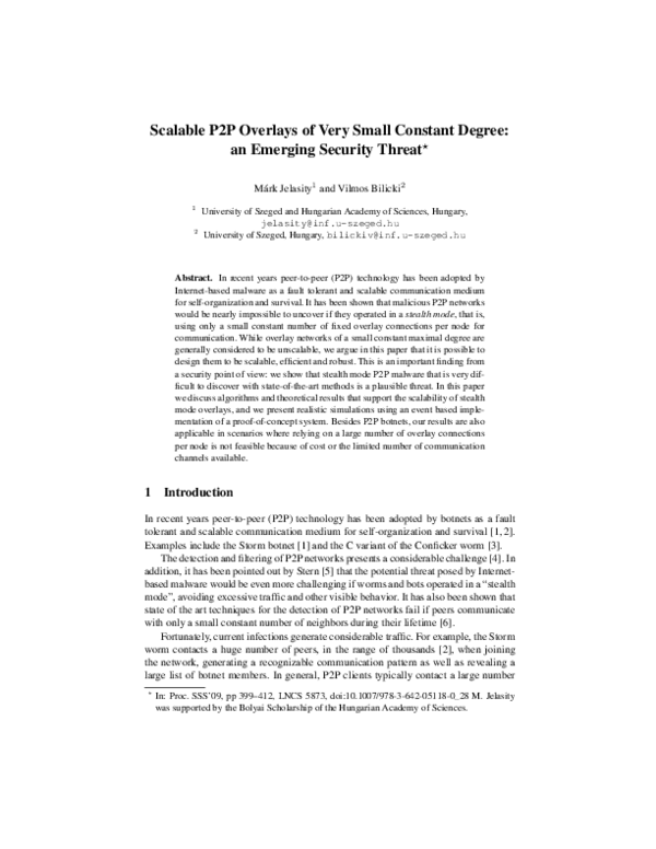 (PDF) Scalable P2P Overlays of Very Small Constant Degree: An Emerging Security Threat