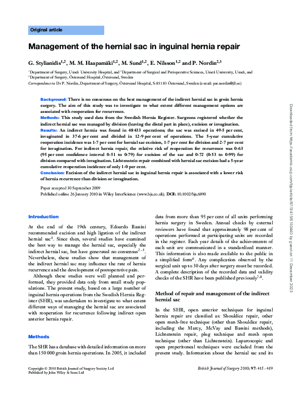 (PDF) Management of the hernial sac in inguinal hernia repair