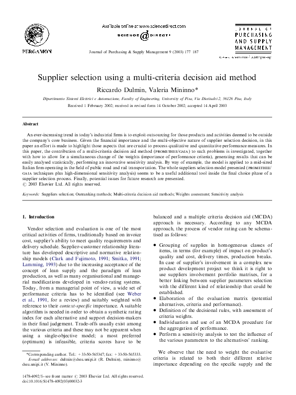 Pdf Supplier Selection Using A Multi Criteria Decision Aid Method Riccardo Dulmin