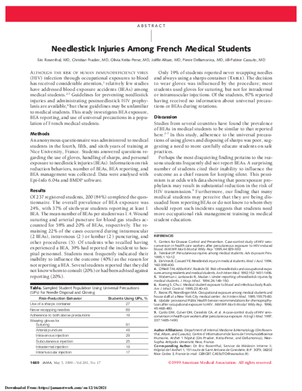 (PDF) Needlestick Injuries Among French Medical Students