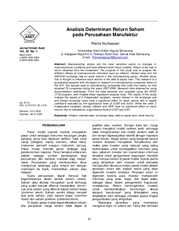 (PDF) Analisis Determinan Return Saham pada Perusahaan Manufaktur