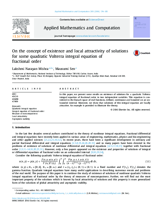 Pdf On The Concept Of Existence And Local Attractivity Of Solutions For Some Quadratic