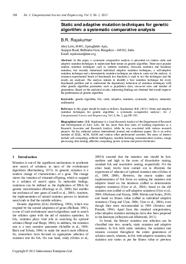 (PDF) Static and adaptive mutation techniques for genetic algorithm: a ...