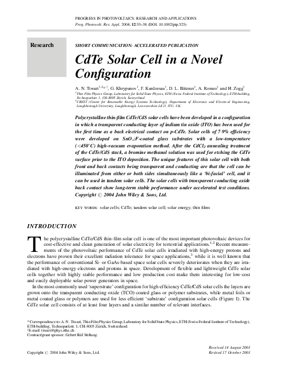 (PDF) CdTe solar cell in a novel configuration